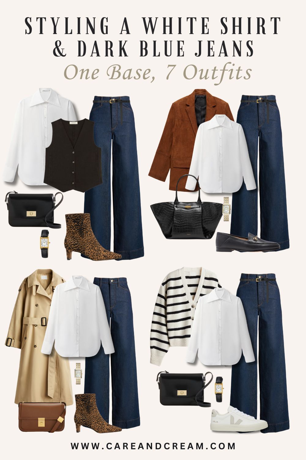 Styling a White Shirt & Dark Blue Jeans: One Base, 7 Outfits